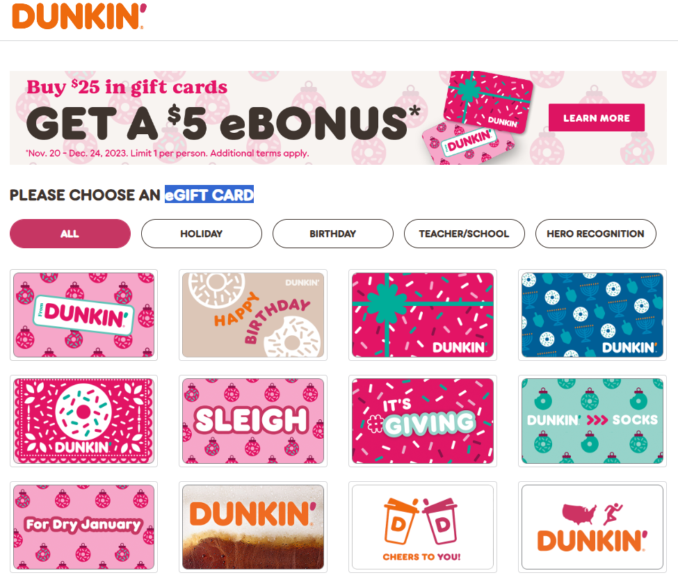 Dunkin Donuts eGift Cards Limited Time Offer $5 Off $25 - Extrabux